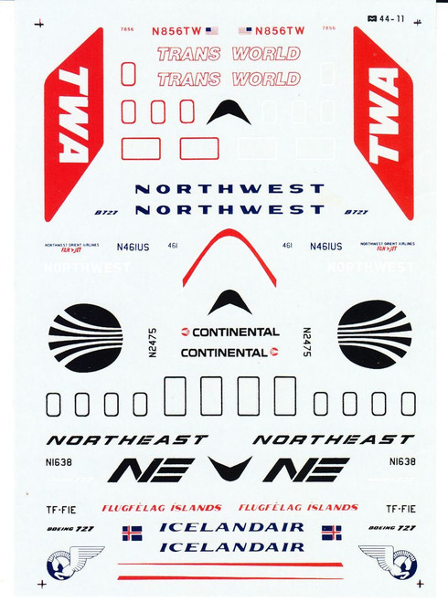 1/200 Scale Decal Continental / Northeast / Northwest / Icelandair ...