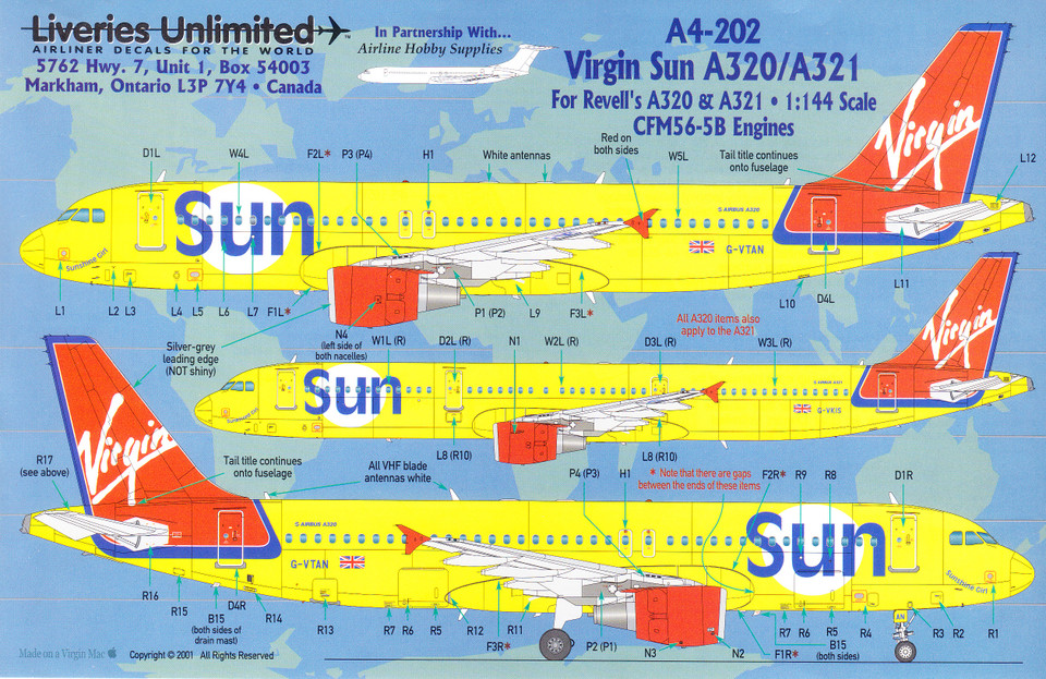 1/144 Scale Decal Virgin Sun A-320 / A-321