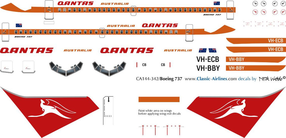 1/144 Scale Decal Qantas 737-200 Red Tail