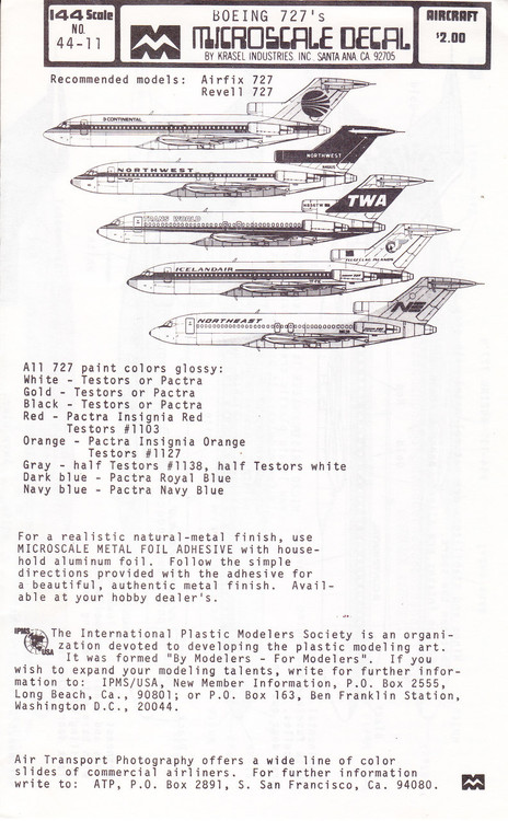 1/144 Scale Decal Continental / Northwest / TWA / Iceandair / Northeast 727