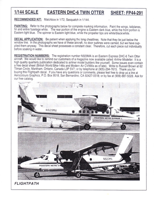 1/144 Scale Decal Eastern Metro Express Twin Otter