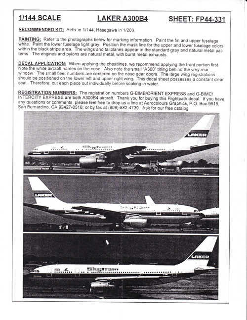 1/144 Scale Decal Laker Airways A300-B4