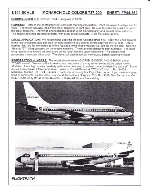 1/144 Scale Decal Monarch 737-200
