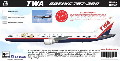 1/144 Scale Decal TWA 757-200 Final Livery