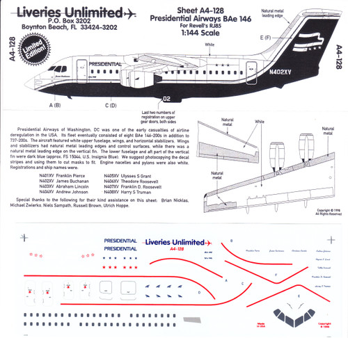 1/144 Scale Decal Presidential Airways BAe-146
