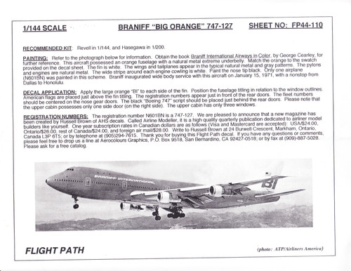 1/144 Scale Decal Braniff International 747-100 BIG ORANGE