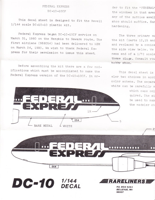 1/144 Scale Decal Federal Express DC10-10CF