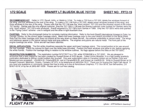 1/72 Scale Decal Braniff International 707 / 720 Light Blue/ Dark Blue ...
