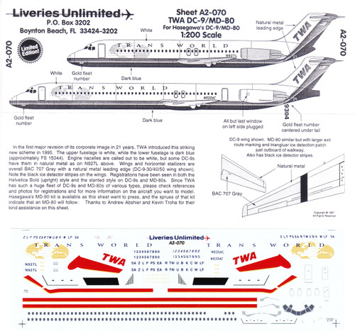 1/200 Scale Decal TWA DC9-30 / MD-80 FINAL LIVERY