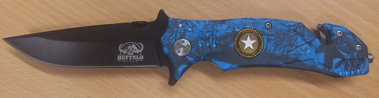 SPITFIRE 8.5 FOLDING KNIFE BLUE CAMO BUFFALO RIVER - Custom Guns