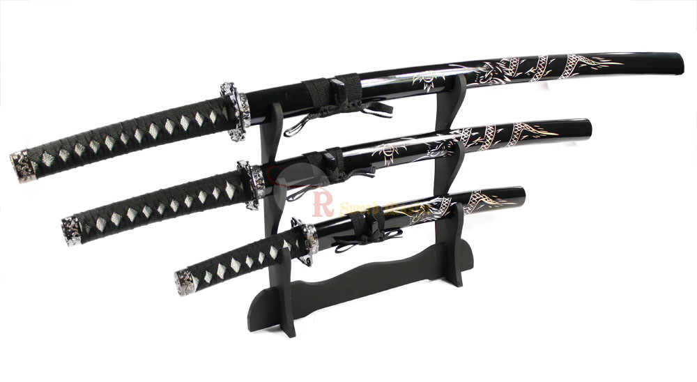 Japanese Samurai Sword Set with Golden Dragon Tsuba