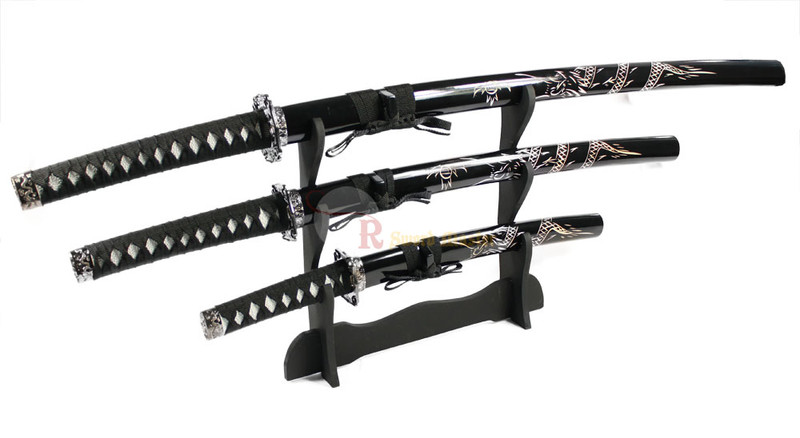 Japanese Samurai Sword Set with Golden Dragon Tsuba