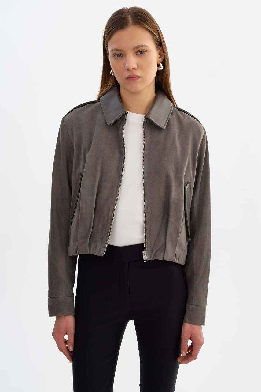 LAMARQUE Robbie Suede Bomber Jacket in Steel Grey