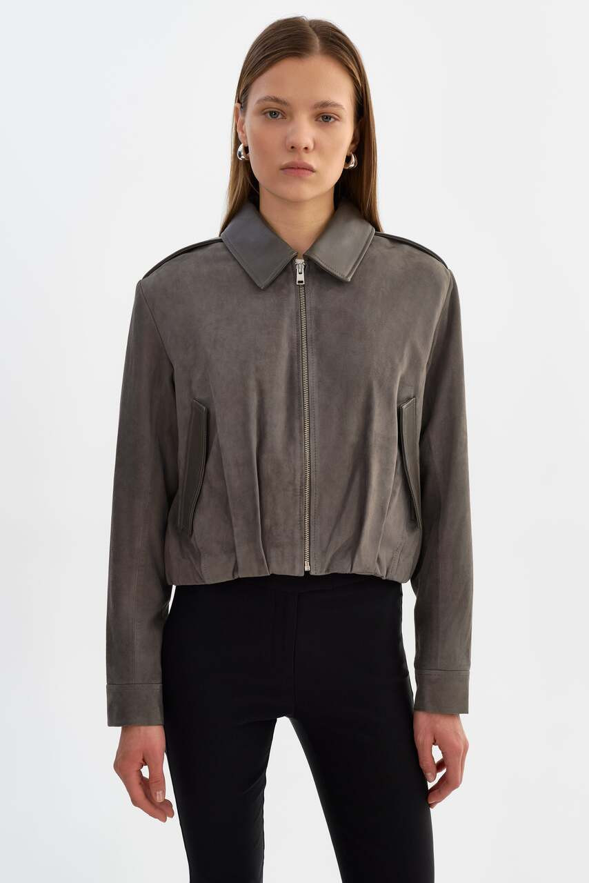 LAMARQUE Robbie Suede Bomber Jacket in Steel Grey