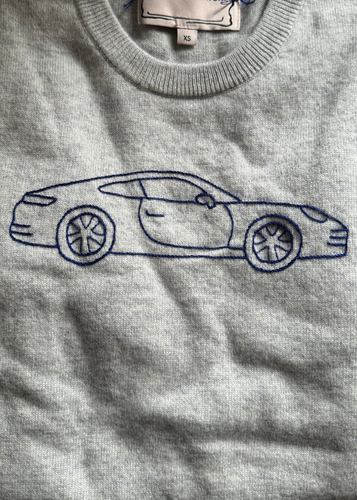 Augustina's Cobalt Thread Embroidered Porsche Car Crewneck Sweater in Smoke