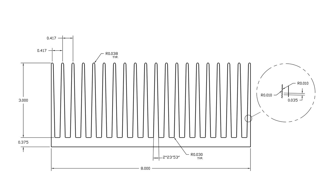 8.000" Wide SERRATED FIN Extruded Aluminum Heatsink - HeatsinkUSA