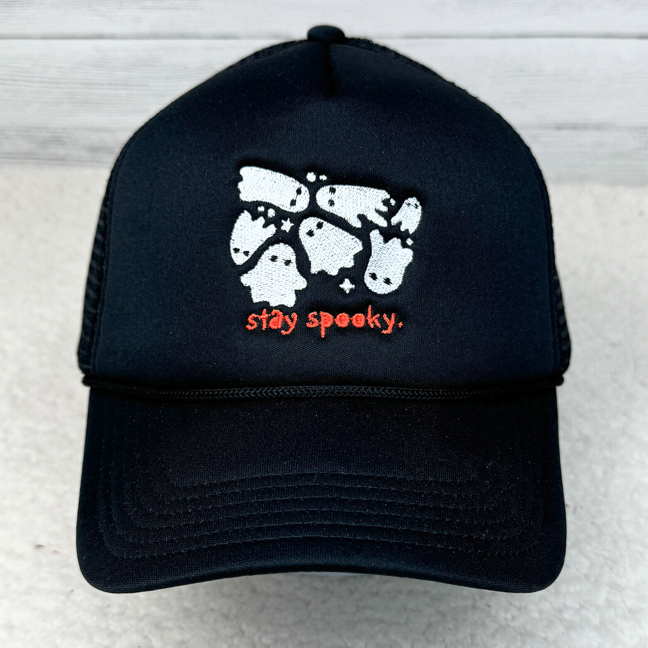 Stay Spooky Ghosts Embroidered Black Trucker Cap