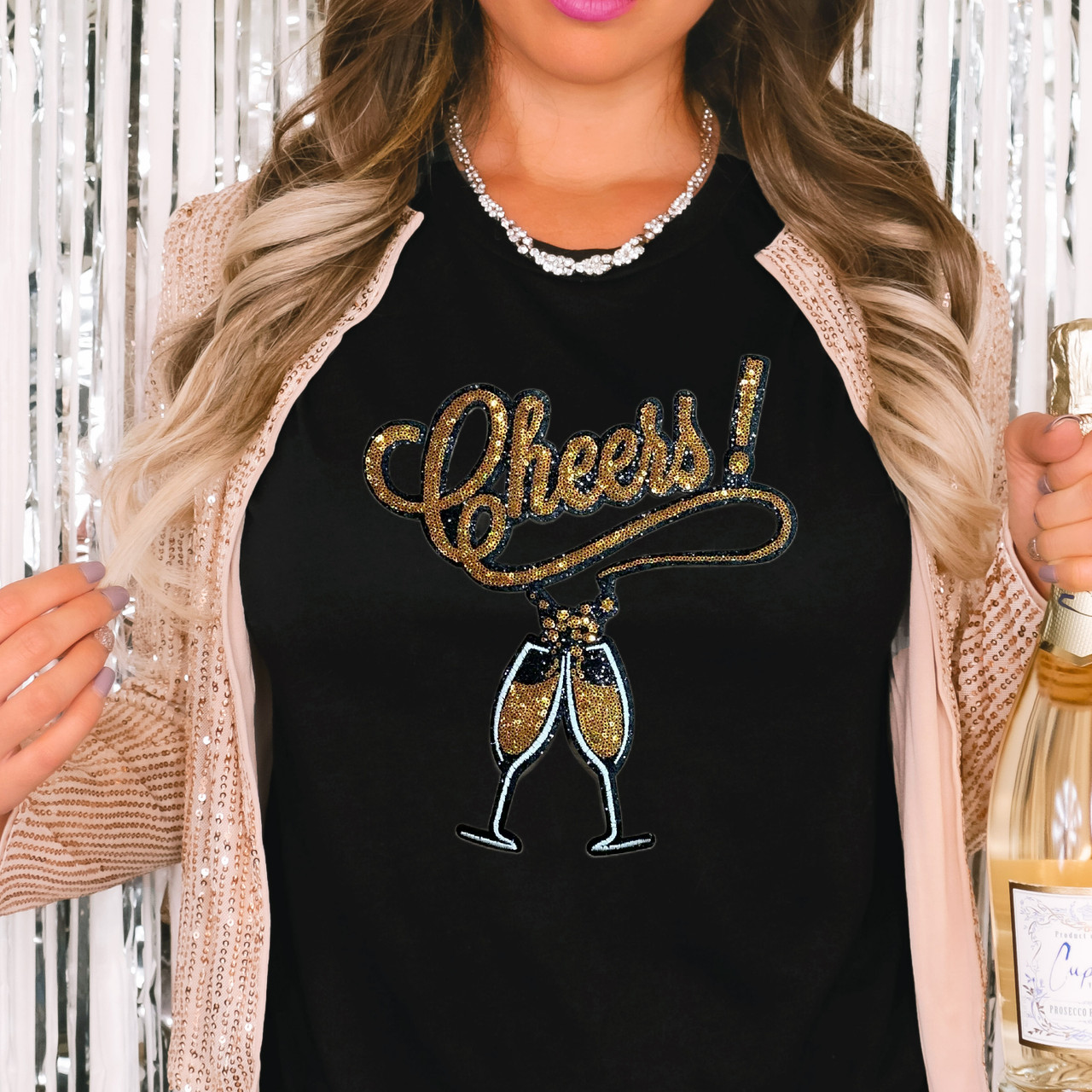Cheers Champaign Sequin Patch Everyday Tee