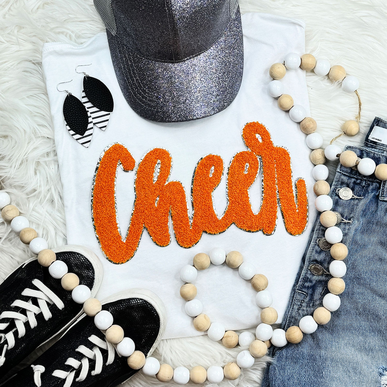 Cursive Chenille Cheer Orange Patch White Everyday Tee