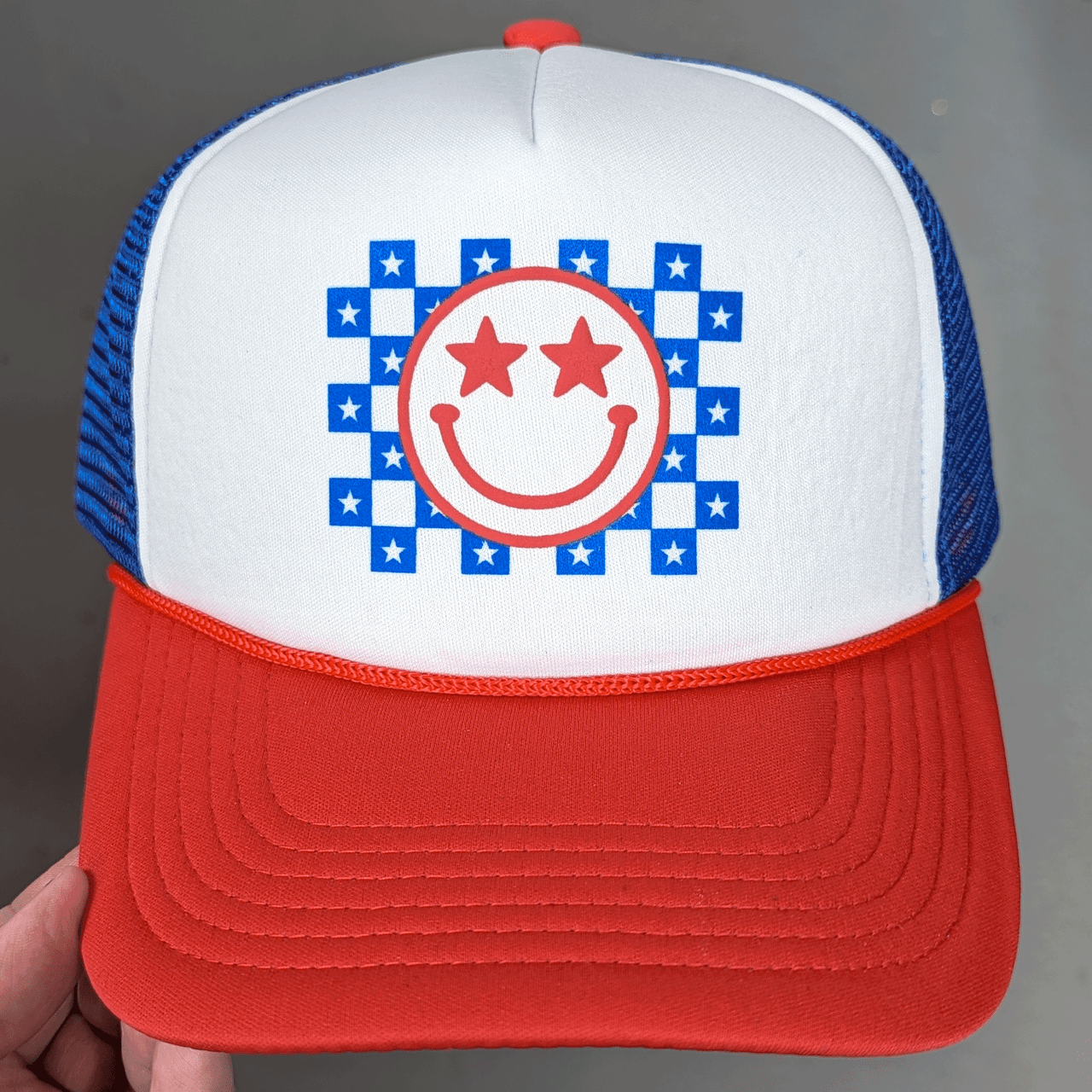 Patriotic Checkered Happy Face PUFF Trucker Hat