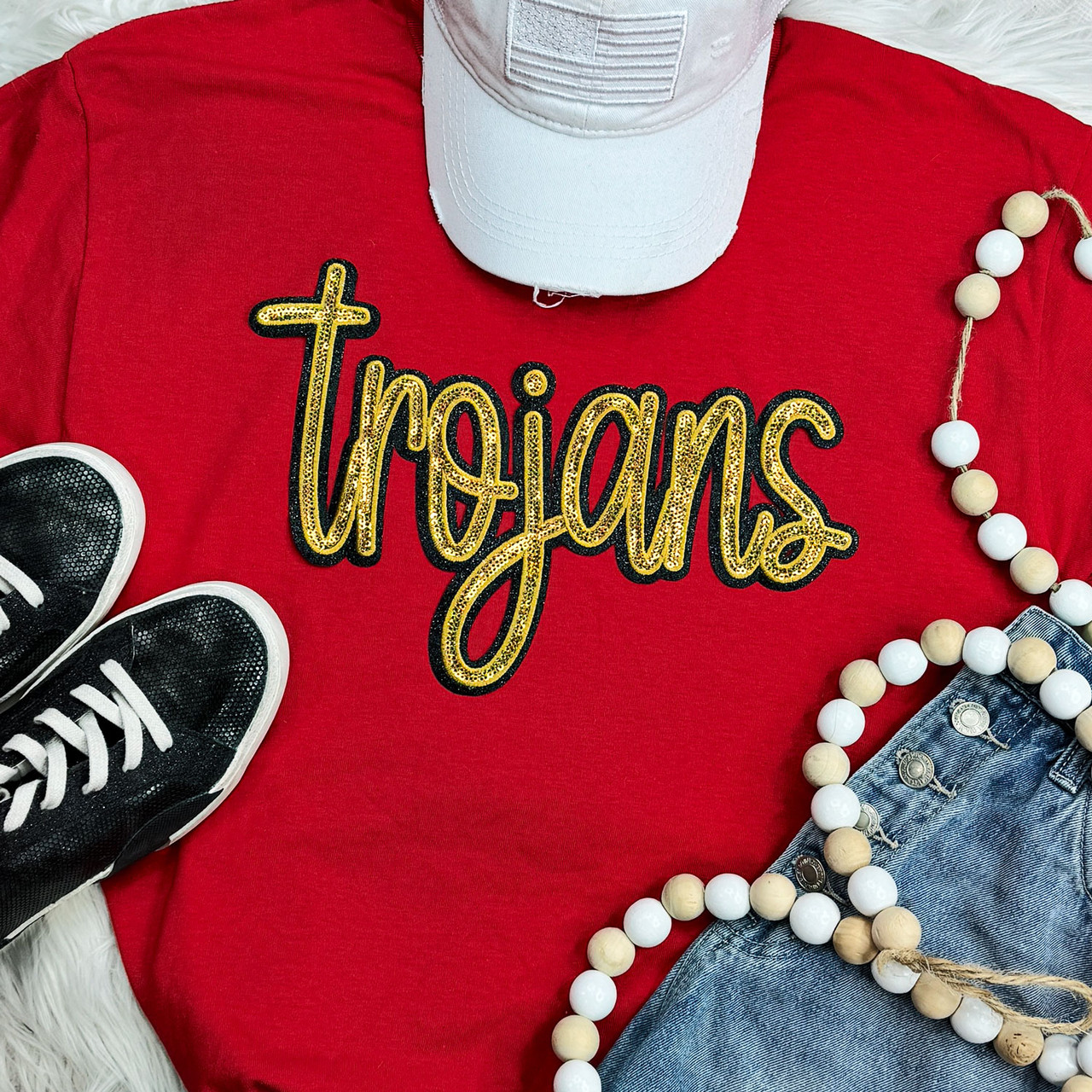 Trojans Gold Sequin Patch Red Everyday Tee