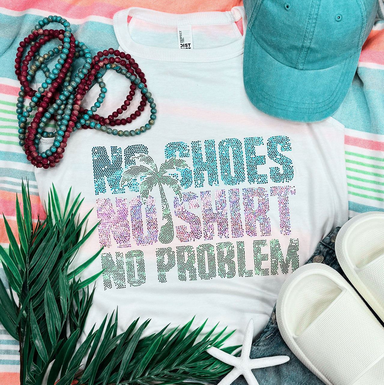 No Shoes No Shirt No Problem Spangled White Rocker Tank