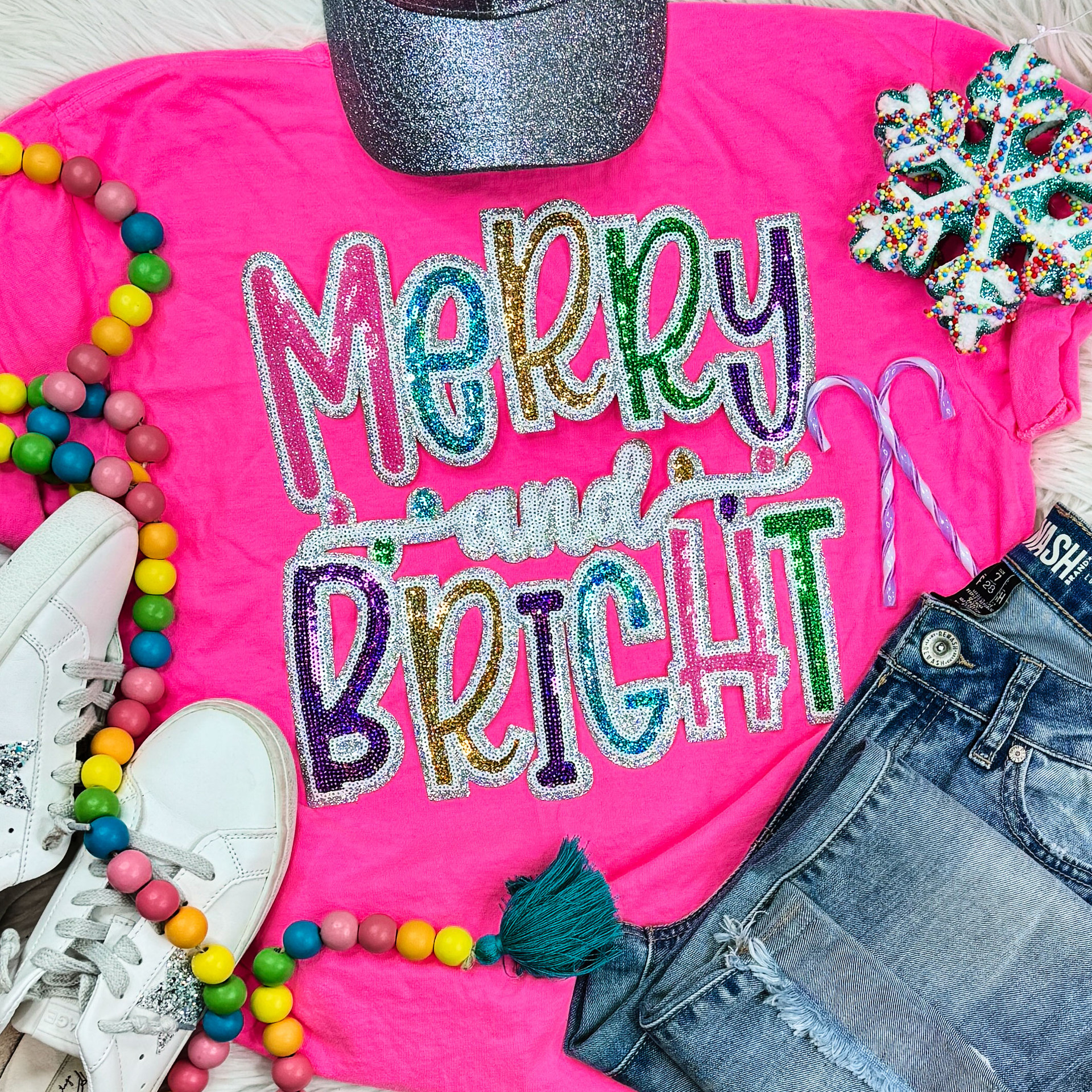 Colorful Sequin Merry and Bright Patch Neon Pink Pigment Dyed Tee