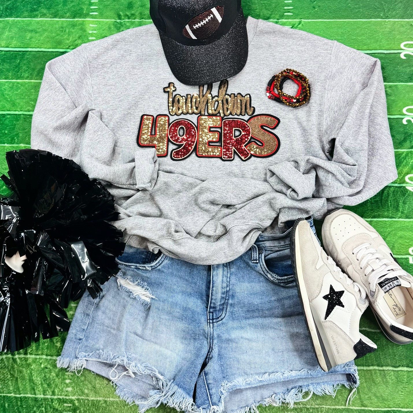 Touchdown 49ers Sequin Patch Sport Grey Crewneck Sweatshirt