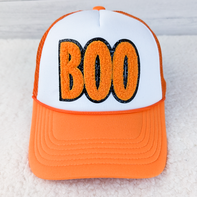Orange and White Foam Hat With Chenille BOO Patch