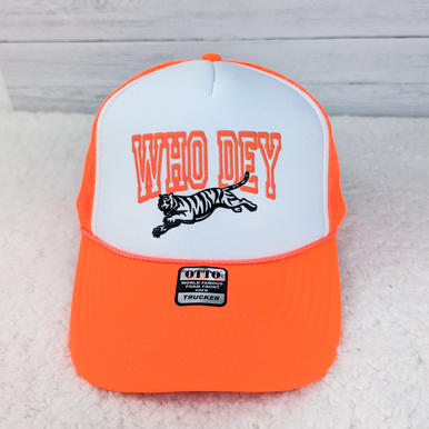 Who Dey PUFF on Neon Orange Trucker Hat
