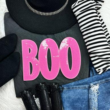 Pink Sequins BOO Patch Pepper Pigment Dyed Tee