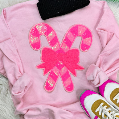 Double Pink Candy Canes with Bow Sequin Patch Light Pink Sweatshirt