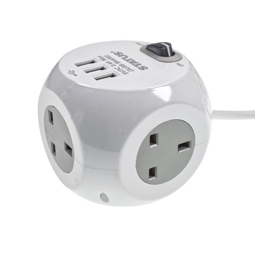 White 3 Way Cube Extension Socket with 3 x USB Charging Ports