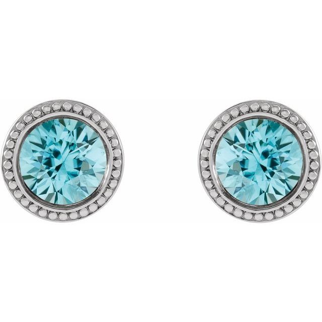 Platinum 3 mm Natural Blue Zircon Beaded Bezel Set Earrings