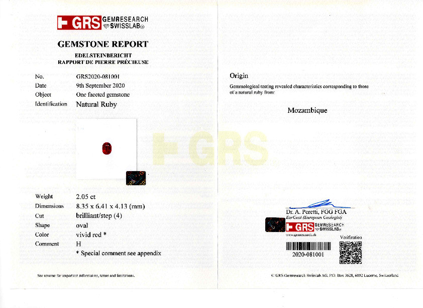 Ruby 2.05 Carat Weight GRS Certed Gemstone, Oval Cut, 8.35x6.41x4.13mm ...