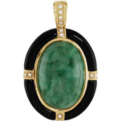 14 Karat Yellow Gold Russian Jadeite, Onyx and Diamond Pendant