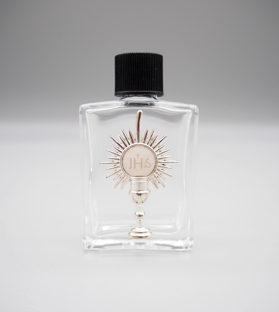 Glass Holy Water Bottle with Holy Eucharist & Monstrance Medallion