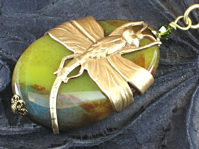 Olive Stone Dragonfly Pendant | dragonfly necklace