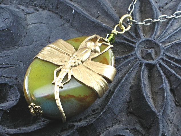 Olive Stone Dragonfly Pendant | dragonfly necklace
