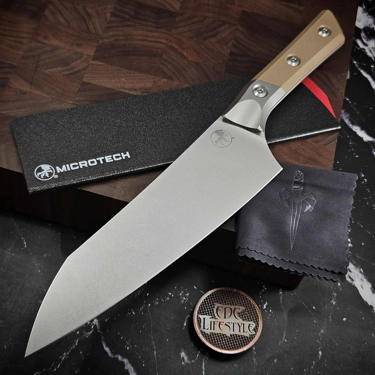 MICROTECH KNIVES 8" M390 CHEF KNIFE STONEWASH STANDARD TITANIUM BOLSTER ...