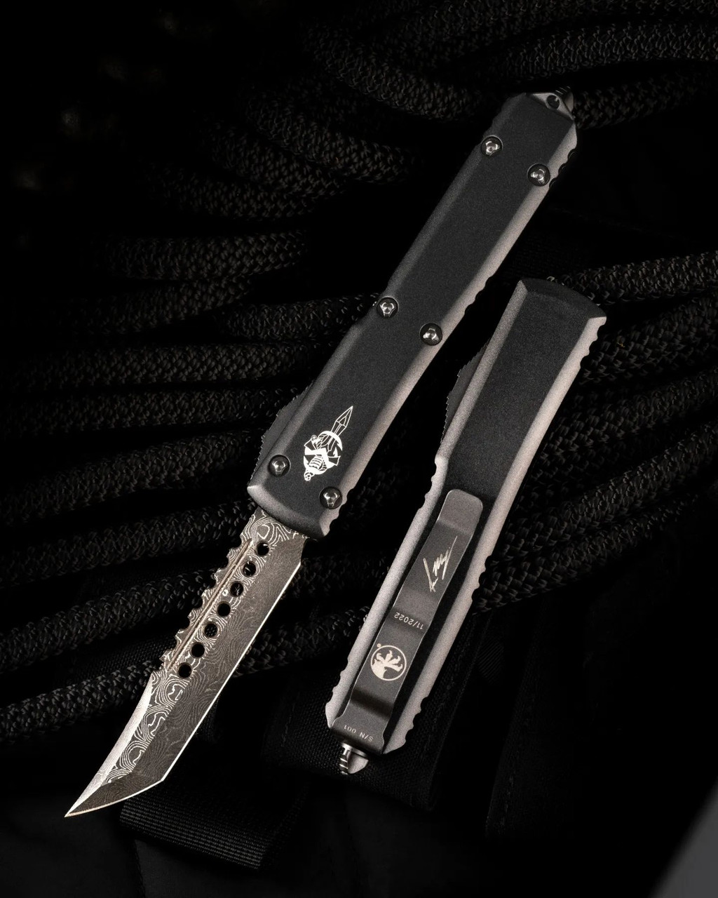 Microtech Ultratech 119-16S Damascus Hellhound Ringed Hardware