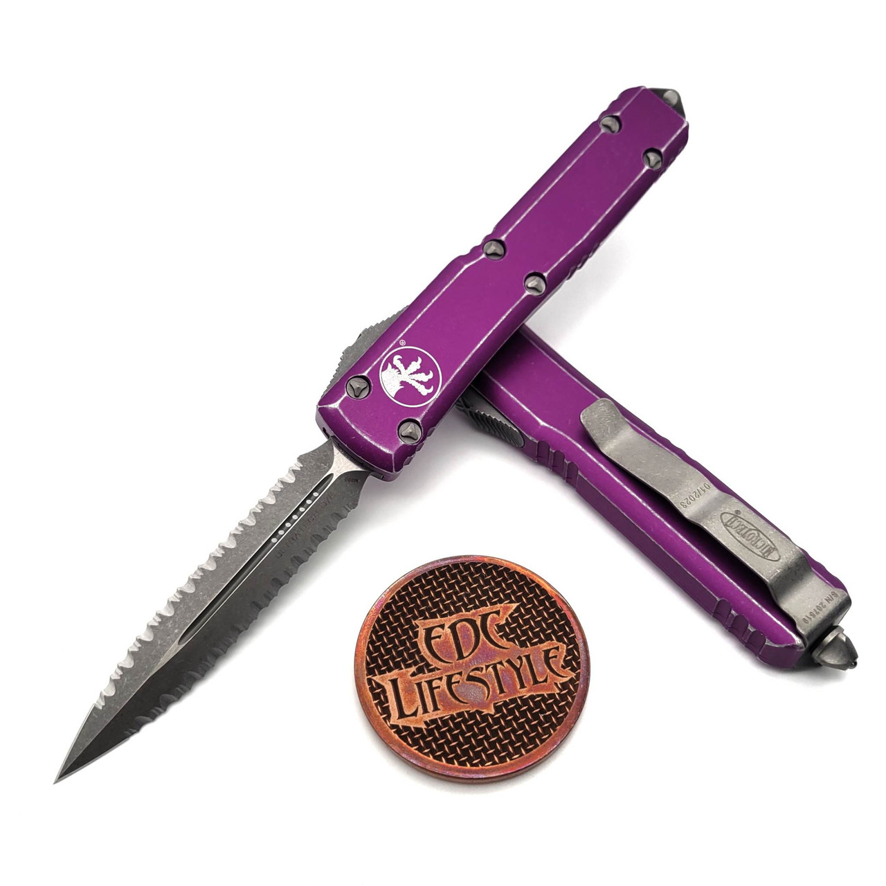 Microtech Ultratech 122-D12DVI Distressed Violet Double Full Serrated ...