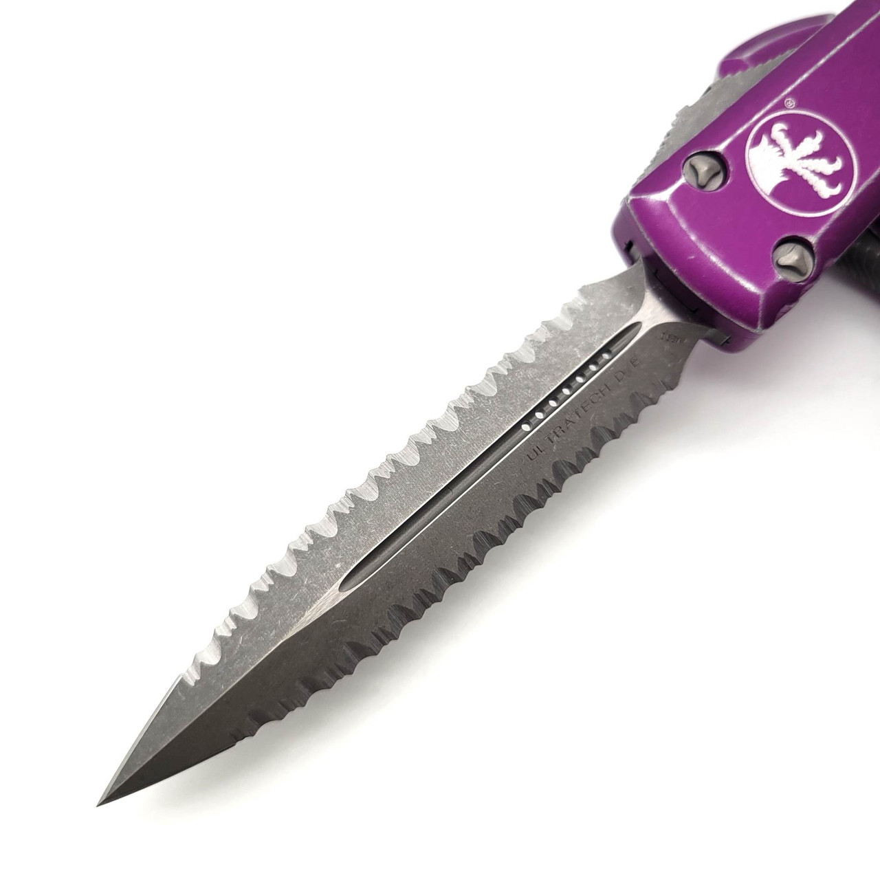 Microtech Ultratech 122-D12DVI Distressed Violet Double Full Serrated ...