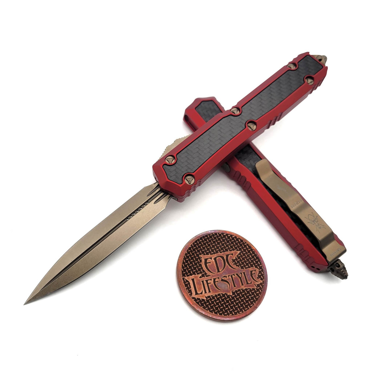 Microtech Makora 206 13rdcfis Red Carbon Fiber Inlay Bronze Double Edge