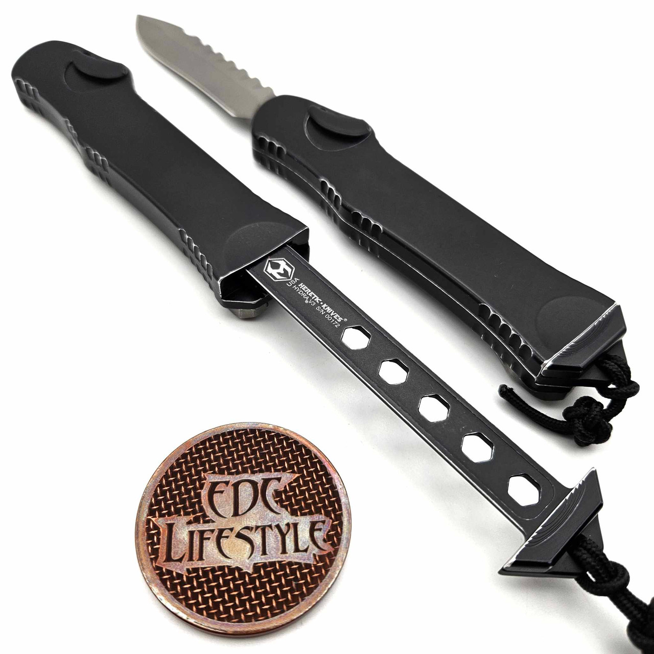 Heretic Knives Hydra Single action Auto Recurve Battleworn Standard ...