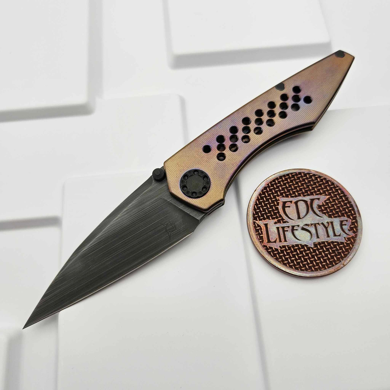 Sharknivco Mini Goblin Hole Pattern Heat Bronze Colored Ti Handle w ...