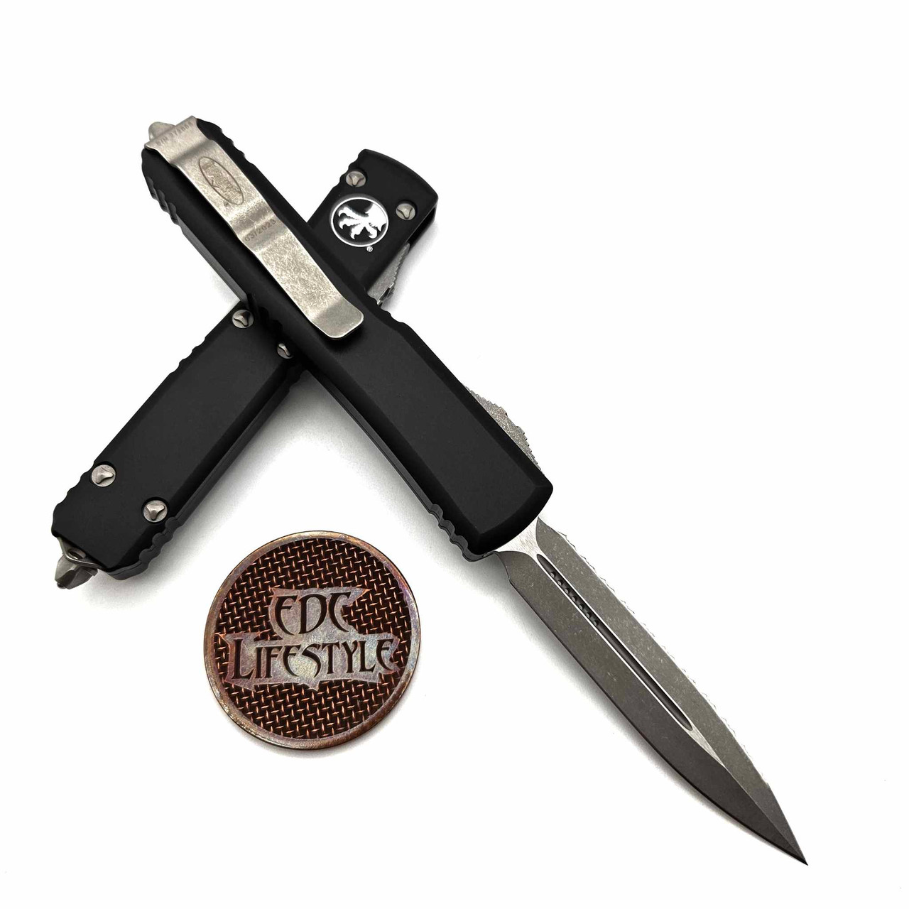 Microtech Ultratech 122-12AP Black Apocalyptic Double Edge Full Serrated