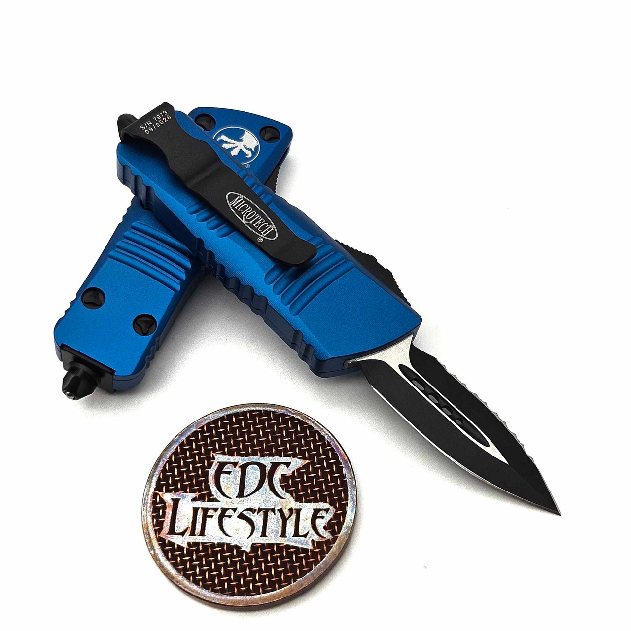 Microtech Troodon Mini 238-3BL Blue Double Edge Full Serrated Black ...