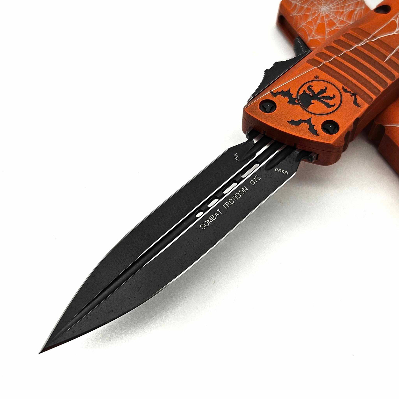 Microtech Combat Troodon 142-1HWWS Halloween Web Orange Fluted Double Edge