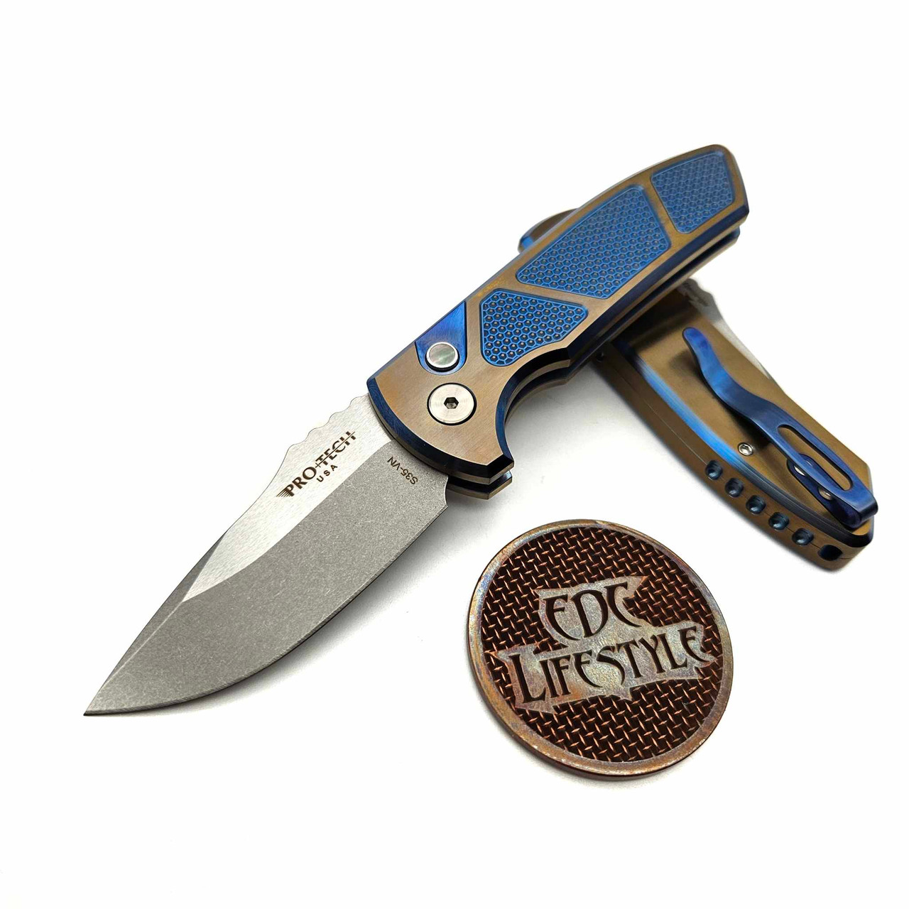 Pro-Tech Knives 2023 SBR Custom 006 Two-tone Blue/Bronze Titanium Handles, Pearl Button ...
